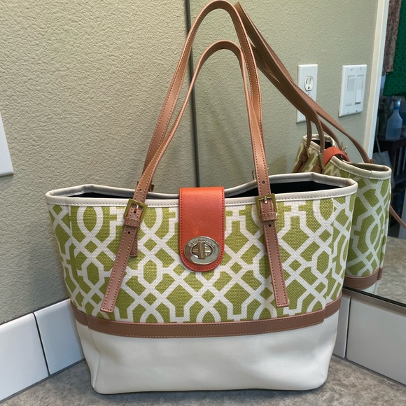 Spartina 449 | Bags | Spartina 449 Leather Linen Tote Green Cream ...